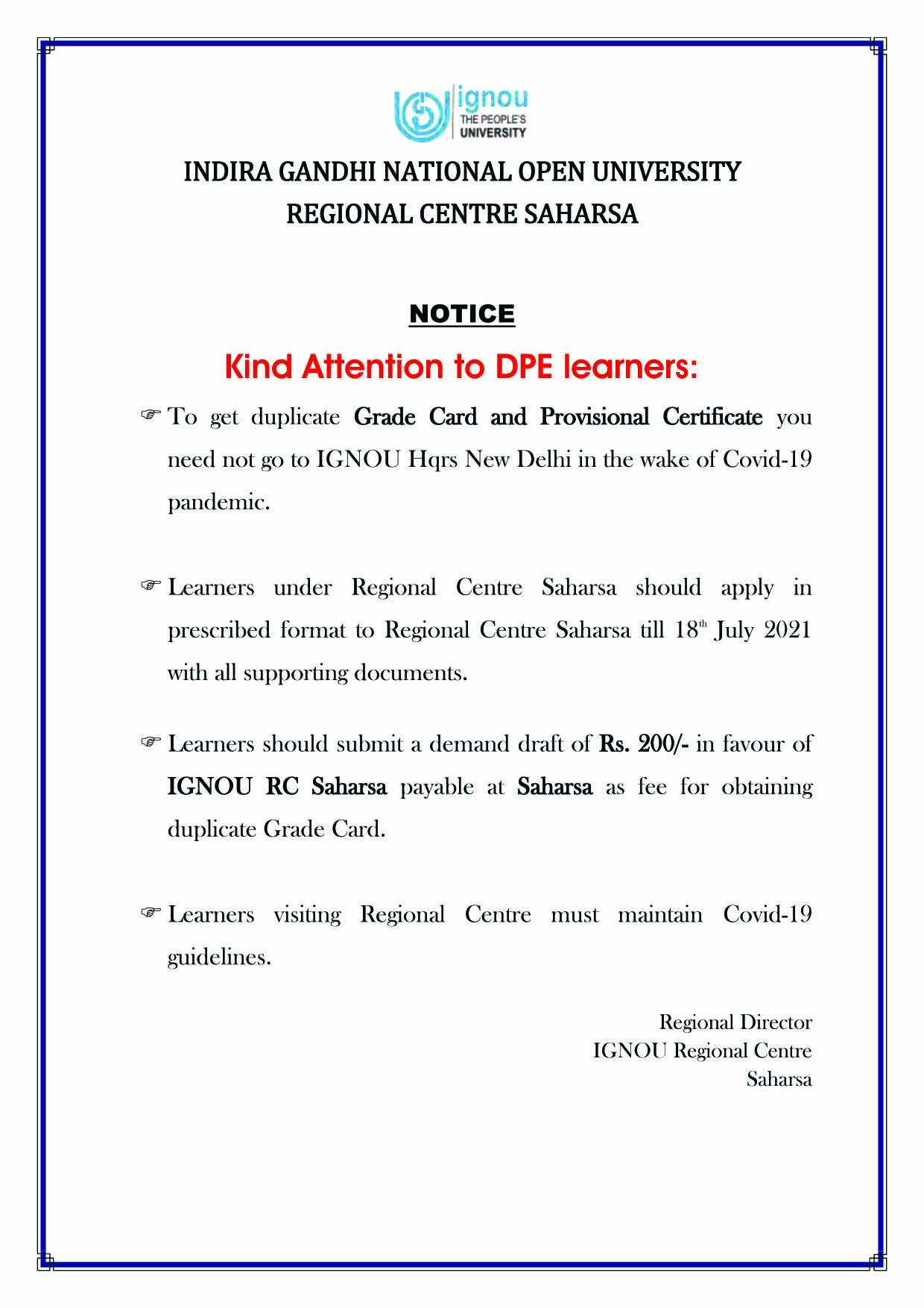 IGNOU RC Saharsa Announcements Latest Notification For DPE Learner 
